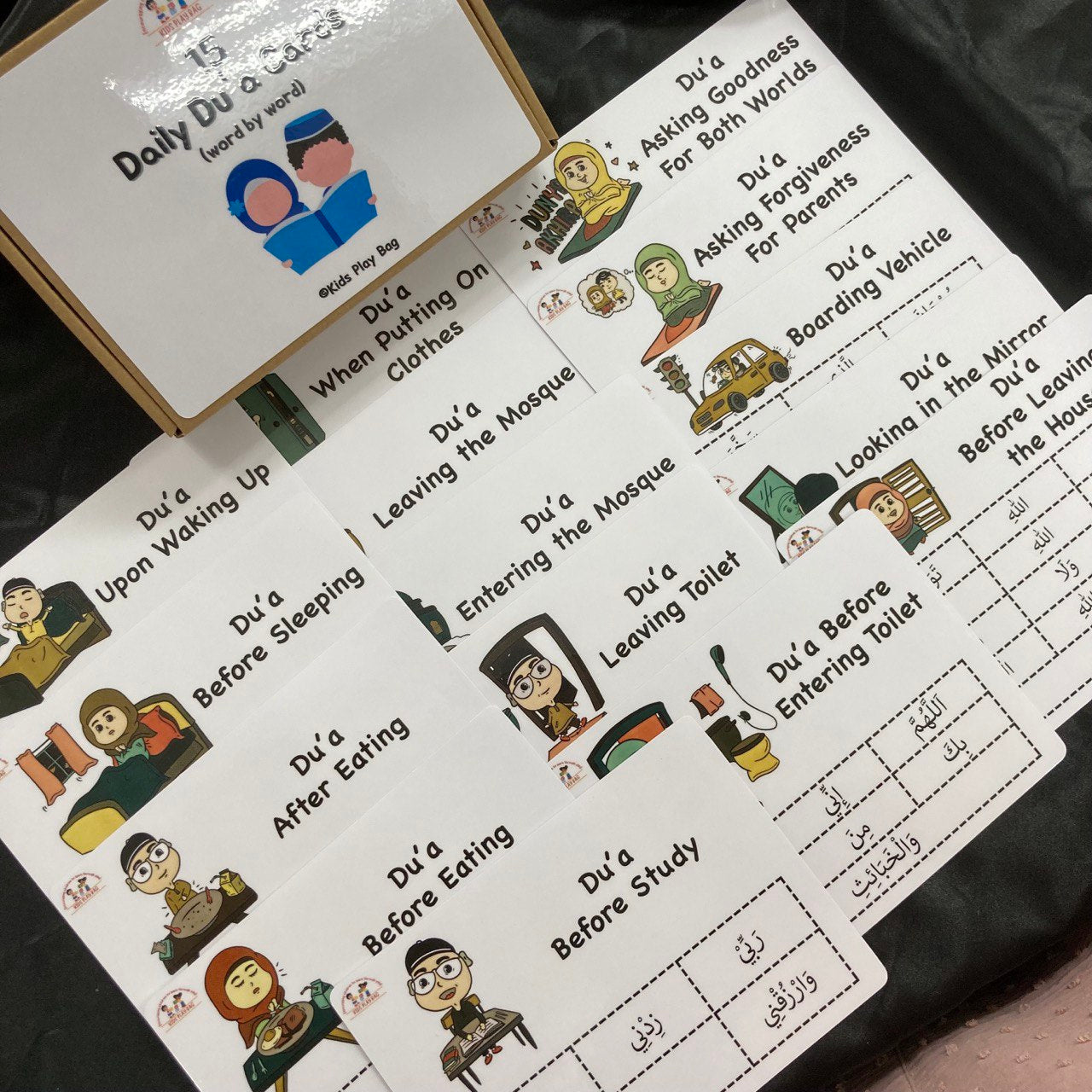 15 Daily Du'a Cards (word by word) – Kids Play Bag